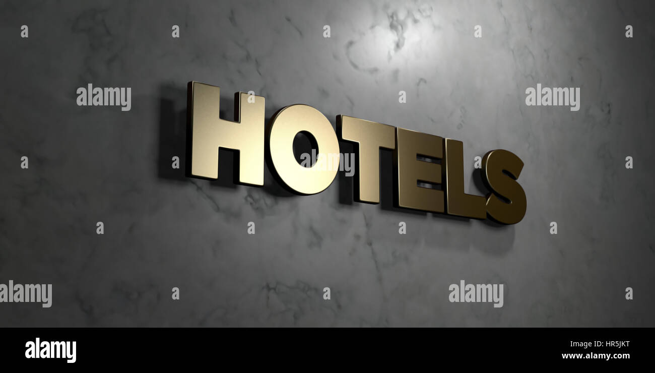 Hotels - Gold sign mounted on glossy marble wall - 3D rendered royalty ...