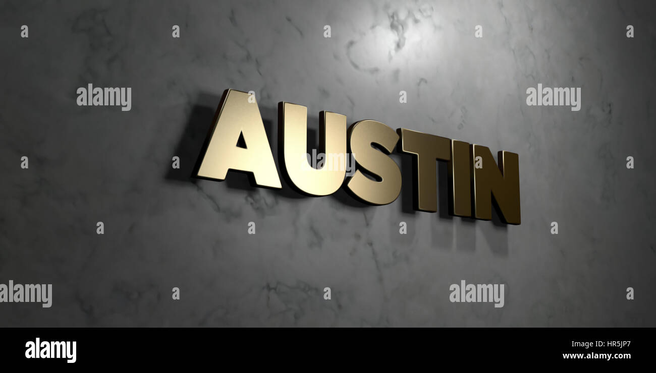 Austin - Gold sign mounted on glossy marble wall - 3D rendered royalty ...