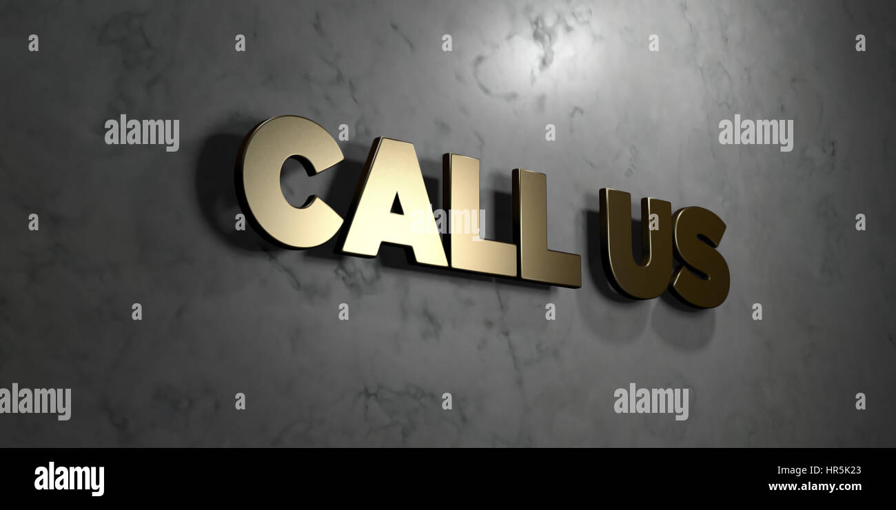 Call us - Gold sign mounted on glossy marble wall - 3D rendered royalty ...