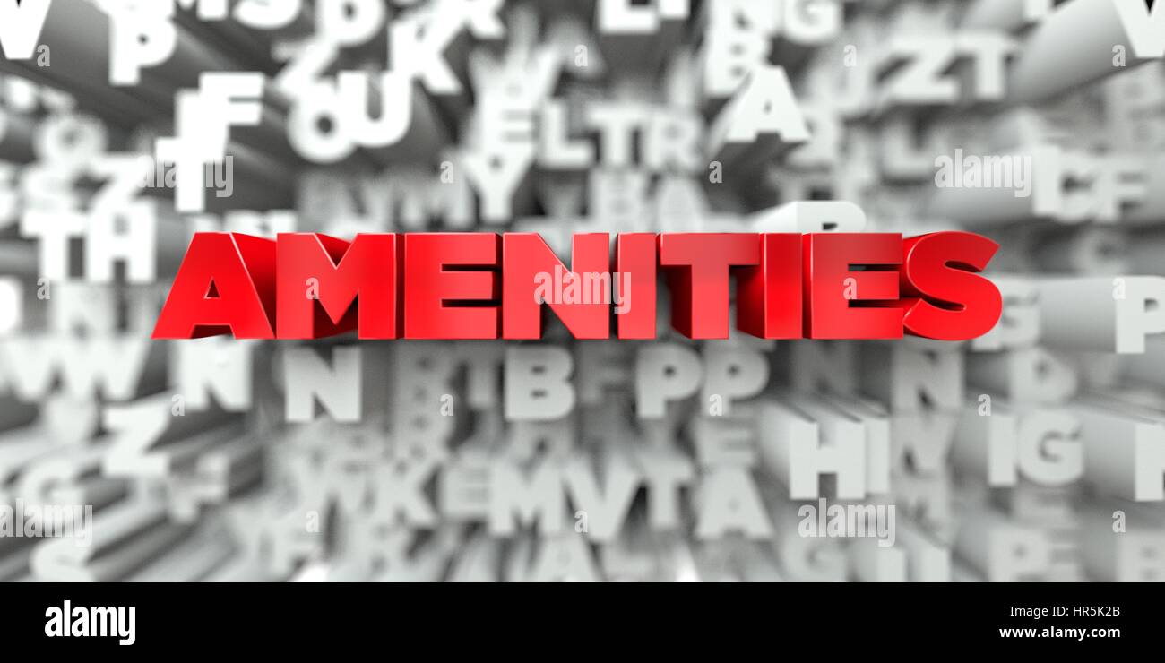 AMENITIES - Red text on typography background - 3D rendered royalty ...