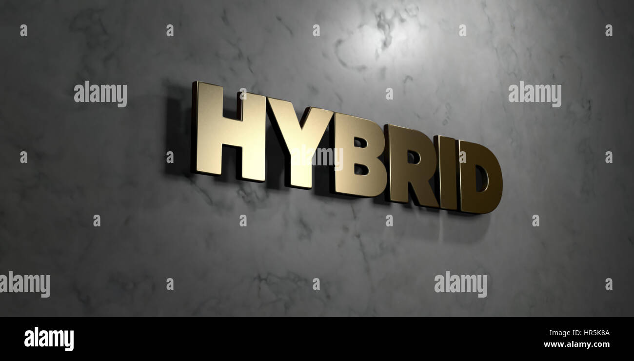 Hybrid - Gold sign mounted on glossy marble wall - 3D rendered royalty ...