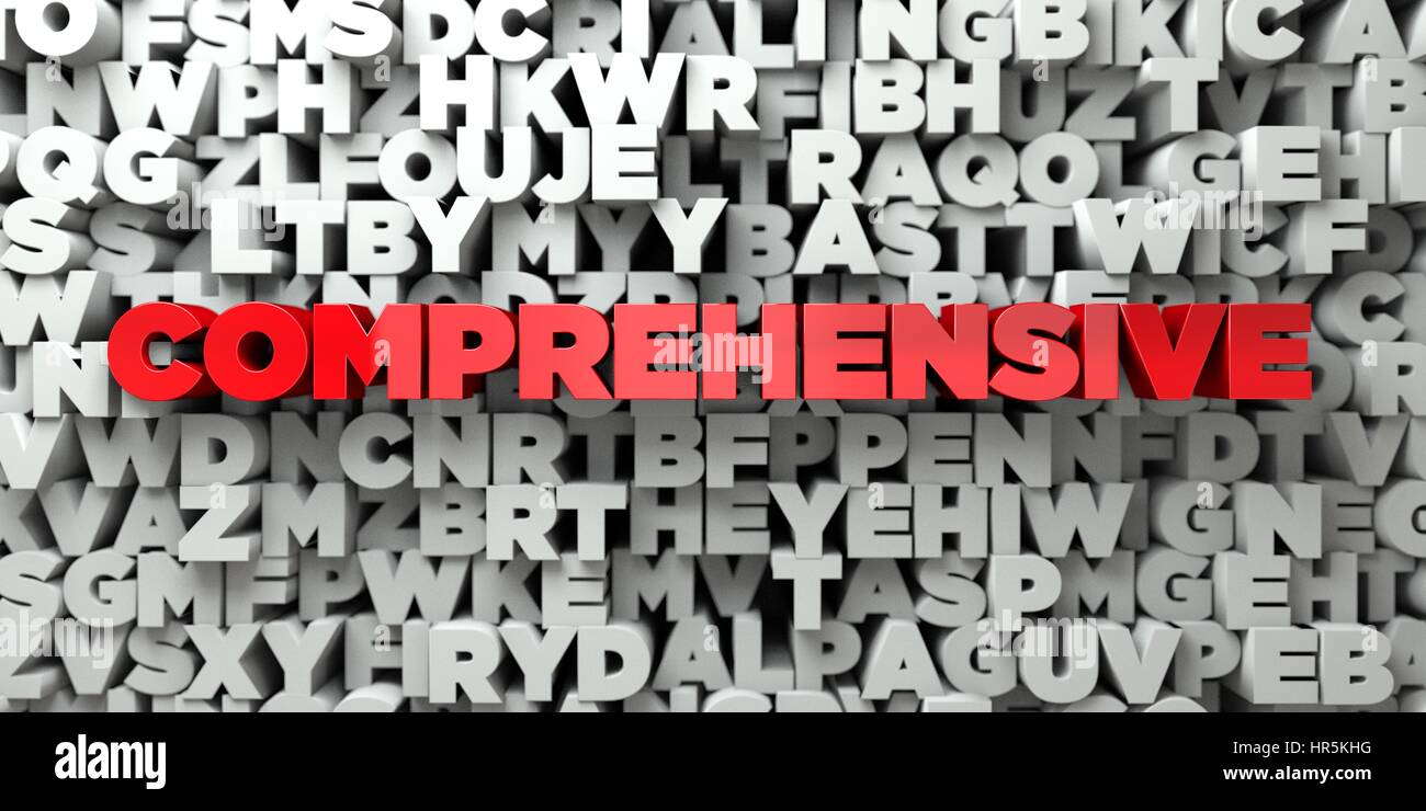 COMPREHENSIVE - Red text on typography background - 3D rendered royalty ...