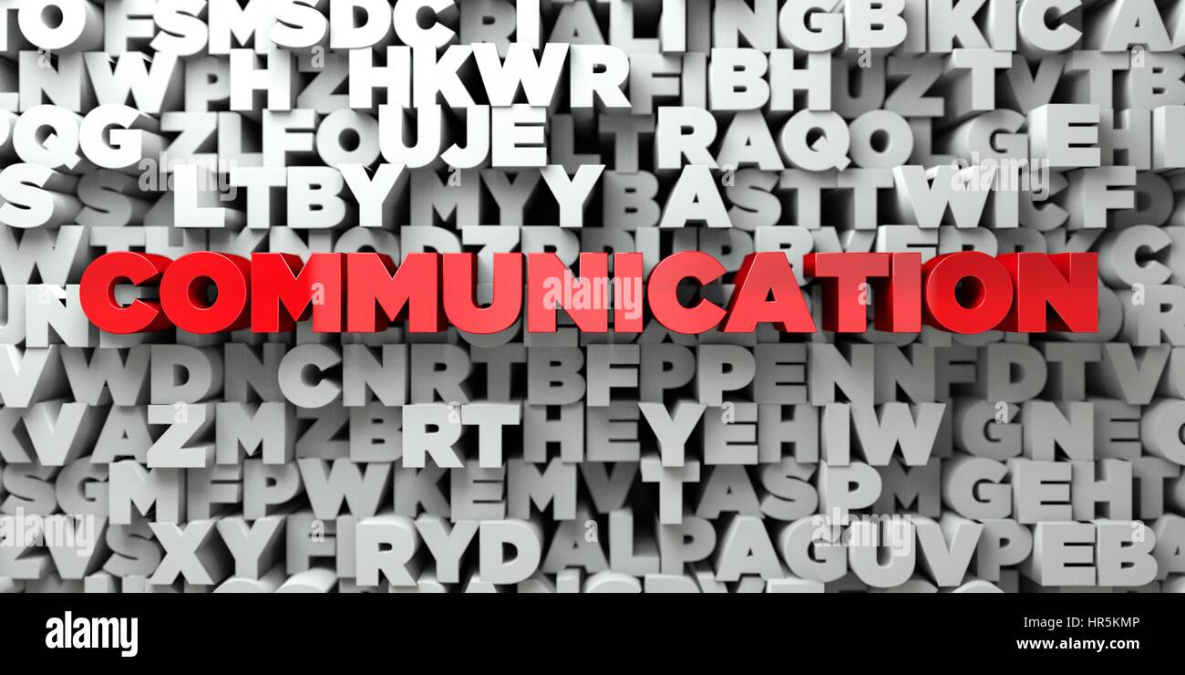 COMMUNICATION - Red text on typography background - 3D rendered royalty ...