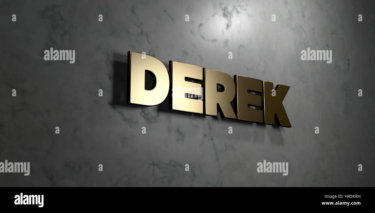 Derek - Gold sign mounted on glossy marble wall - 3D rendered royalty ...