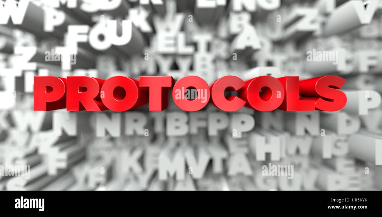 PROTOCOLS - Red text on typography background - 3D rendered royalty ...