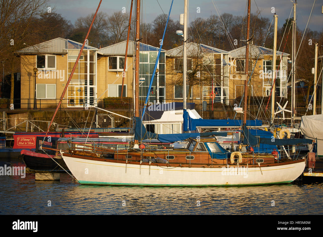 Morning dull light Boats mored a moorings in the Preston Marina basin ...