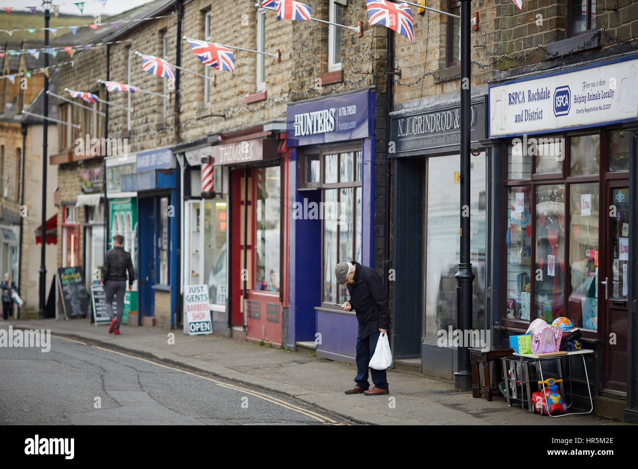 Bunting and flags flying on Hare Hill Road, ,Littleborough Village ...