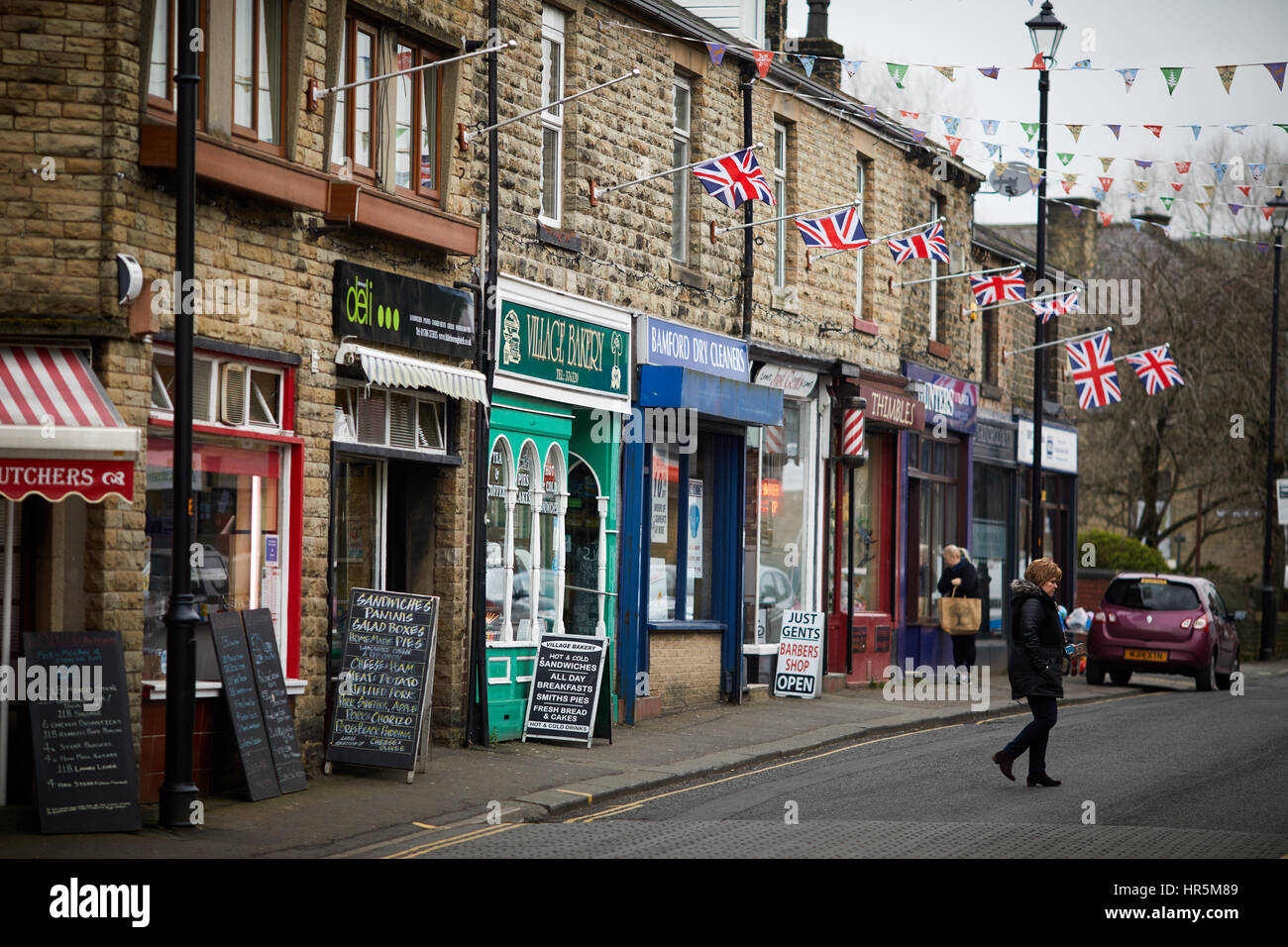 Bunting and flags flying on Hare Hill Road, ,Littleborough Village ...