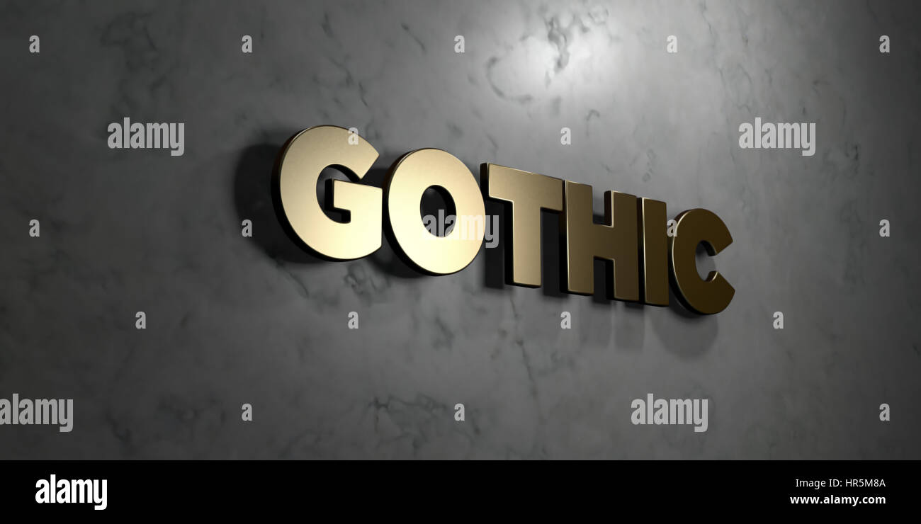 Gothic - Gold sign mounted on glossy marble wall - 3D rendered royalty ...