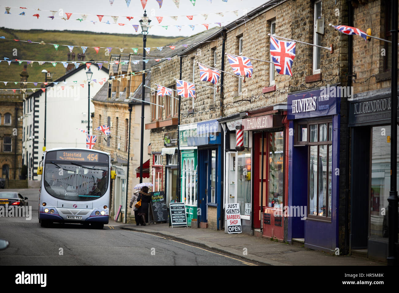 Bunting and flags flying on Hare Hill Road, ,Littleborough Village ...
