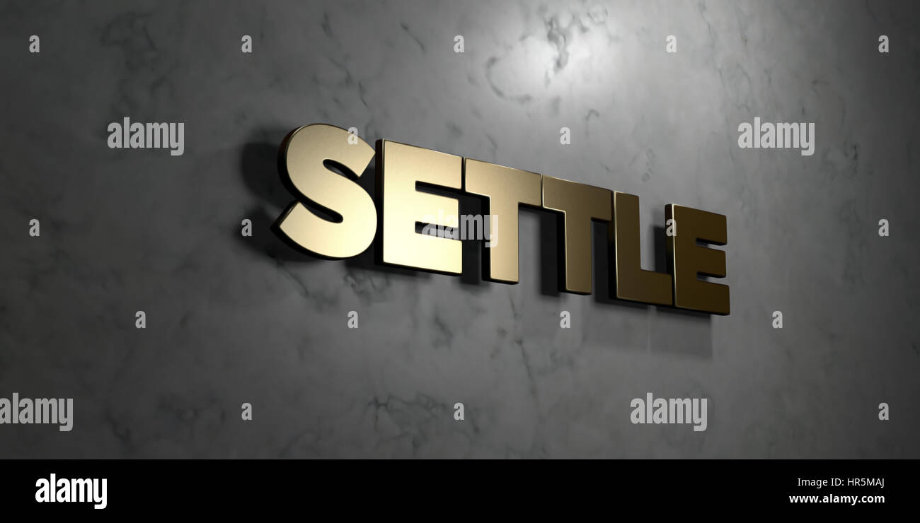 Settle - Gold sign mounted on glossy marble wall - 3D rendered royalty ...
