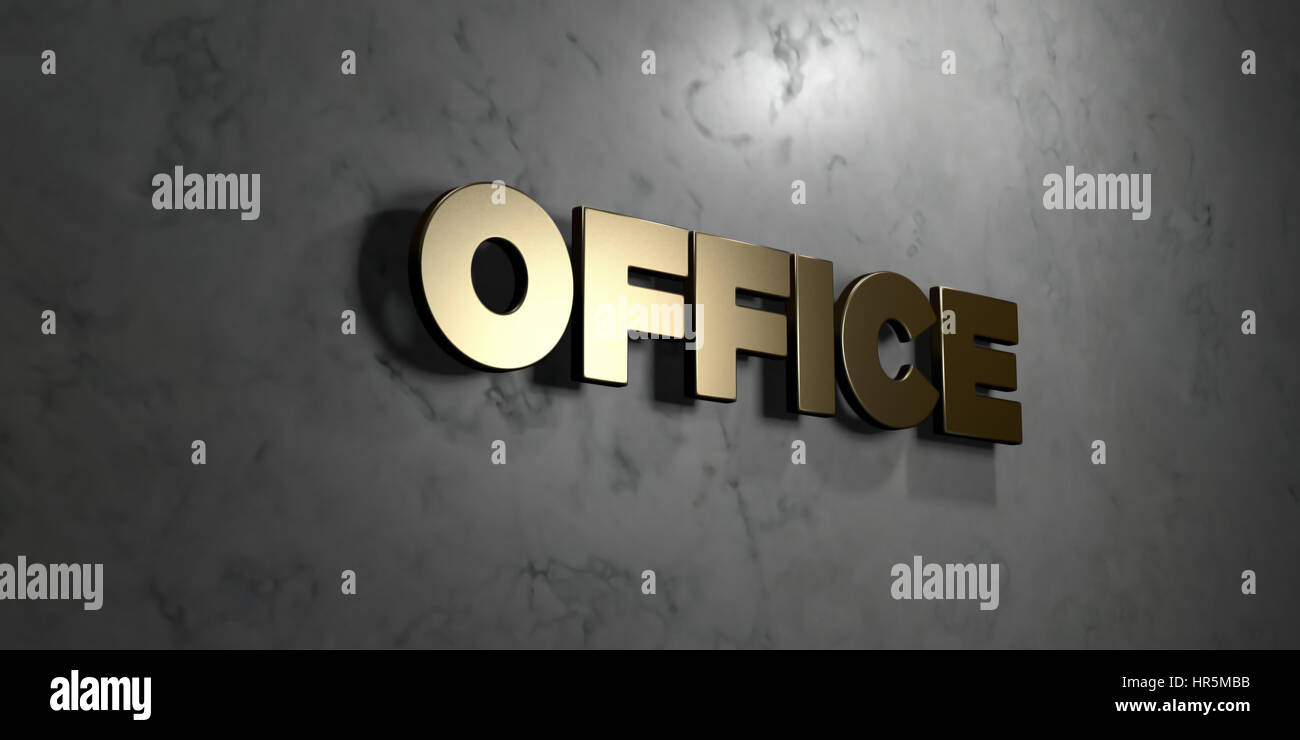 Office - Gold sign mounted on glossy marble wall - 3D rendered royalty ...