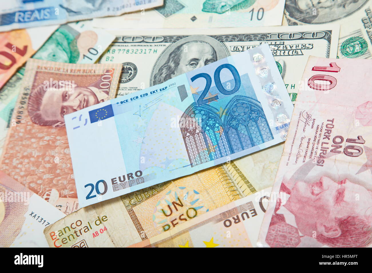 Background from paper money of the different countries. European euro ...