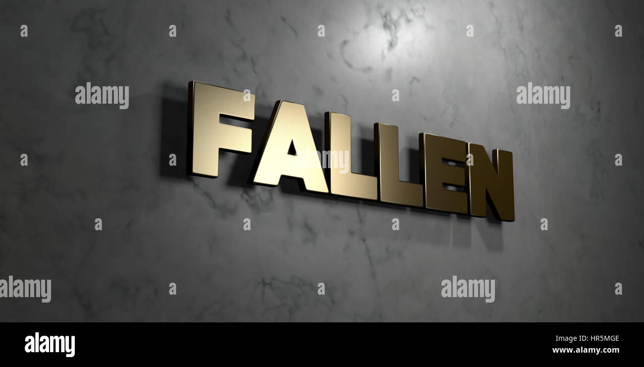 Fallen - Gold sign mounted on glossy marble wall - 3D rendered royalty ...