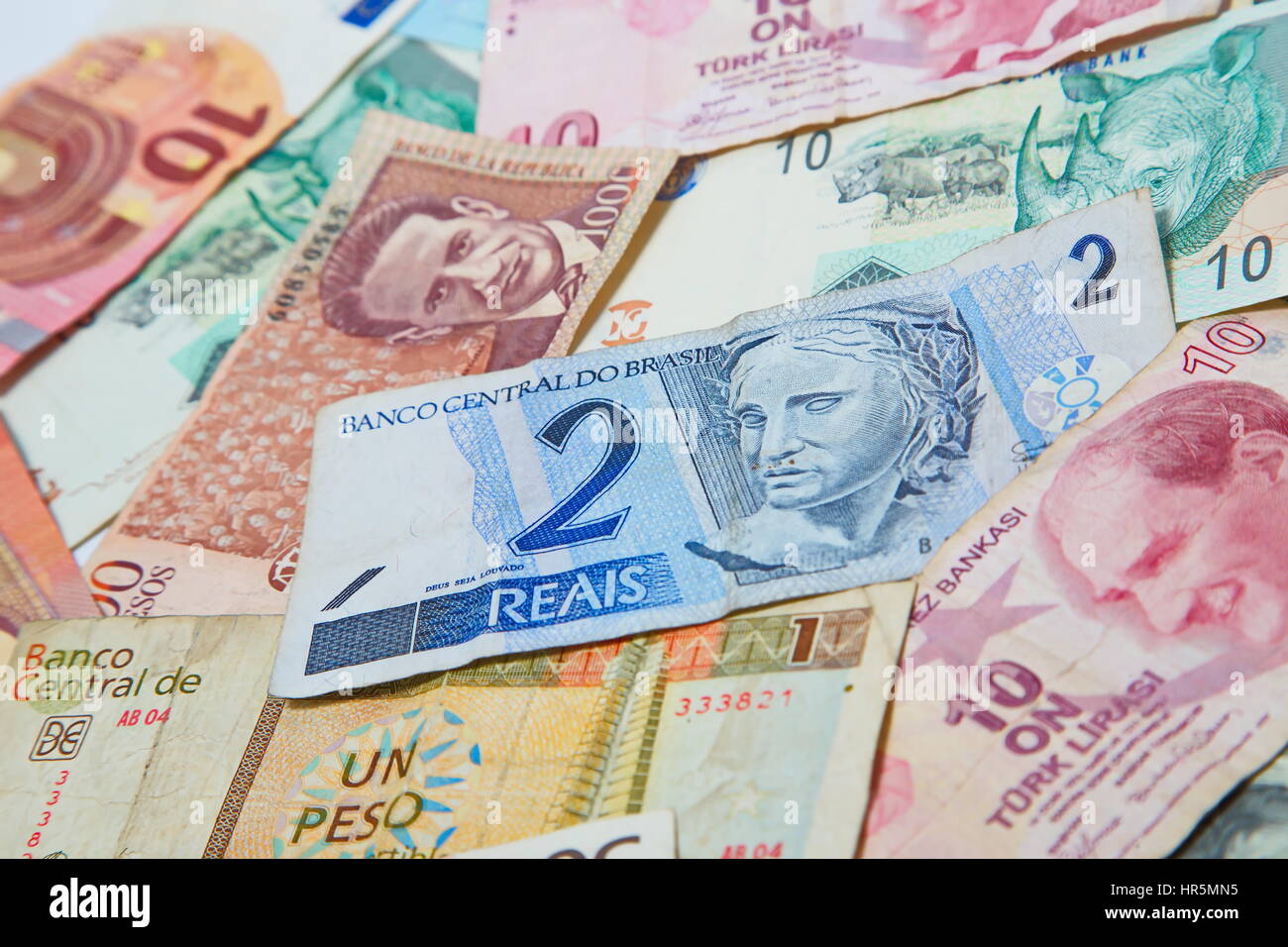 Background from paper money of the different countries. Brazilian real ...