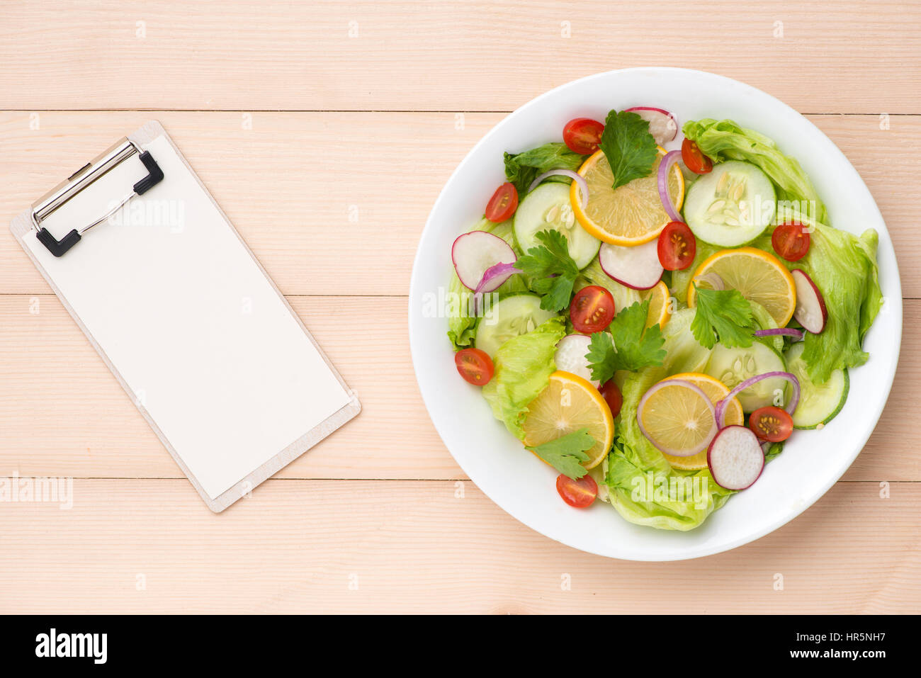 Menu, food recipe, paper and homemade fresh salad Stock Photo - Alamy