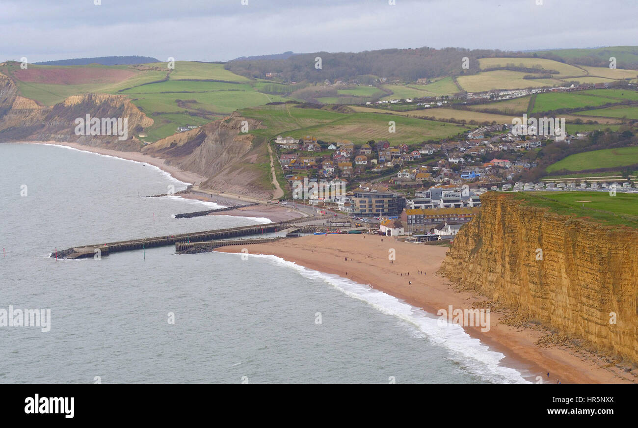 An aerial view of cliffs on the Jurassic Coast at West Bay, Dorset ...
