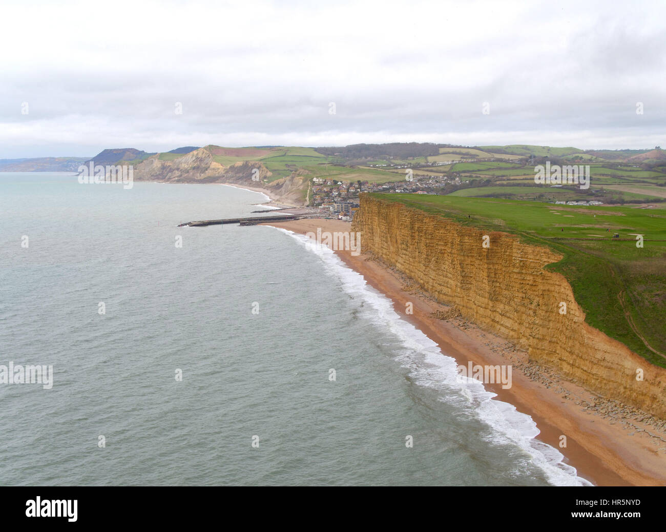 An aerial view of cliffs on the Jurassic Coast near West Bay, Dorset ...