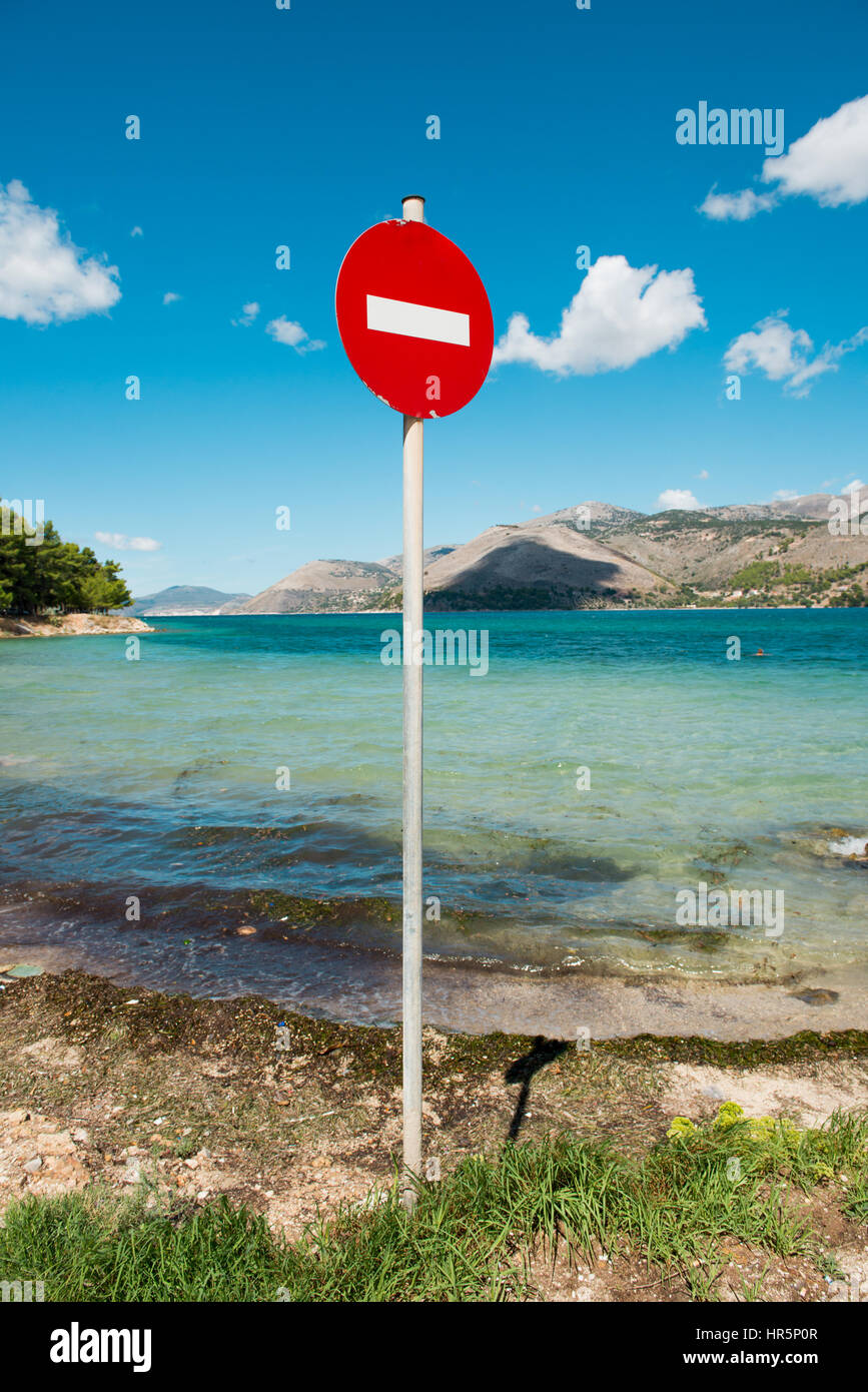 beach landscape with turquoise sea water and no entry sign in Argostoli ...