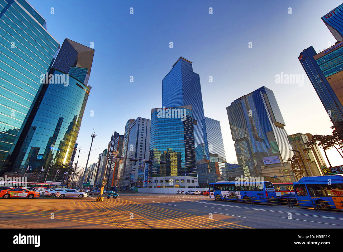 Tall modern buildings and office blocks at dusk in the Gangnam district ...