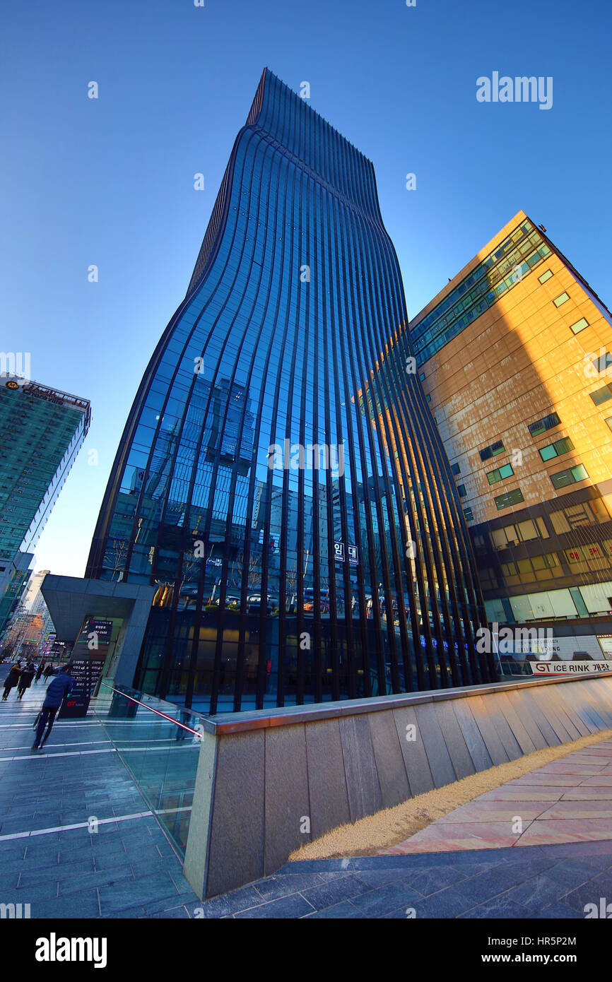 Tall modern buildings and office blocks at dusk in the Gangnam district ...