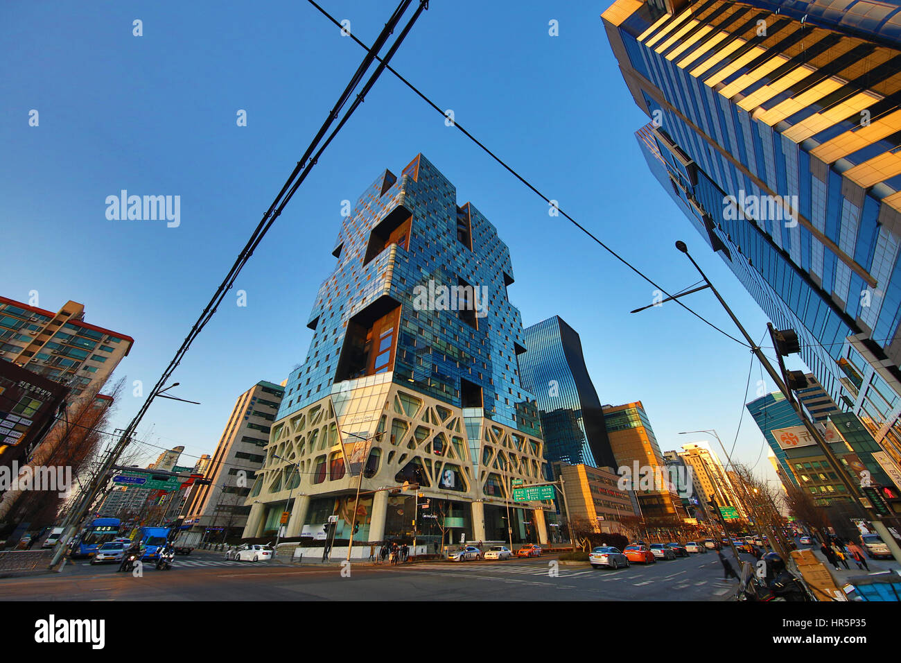 Tall modern buildings and office blocks at dusk in the Gangnam district ...