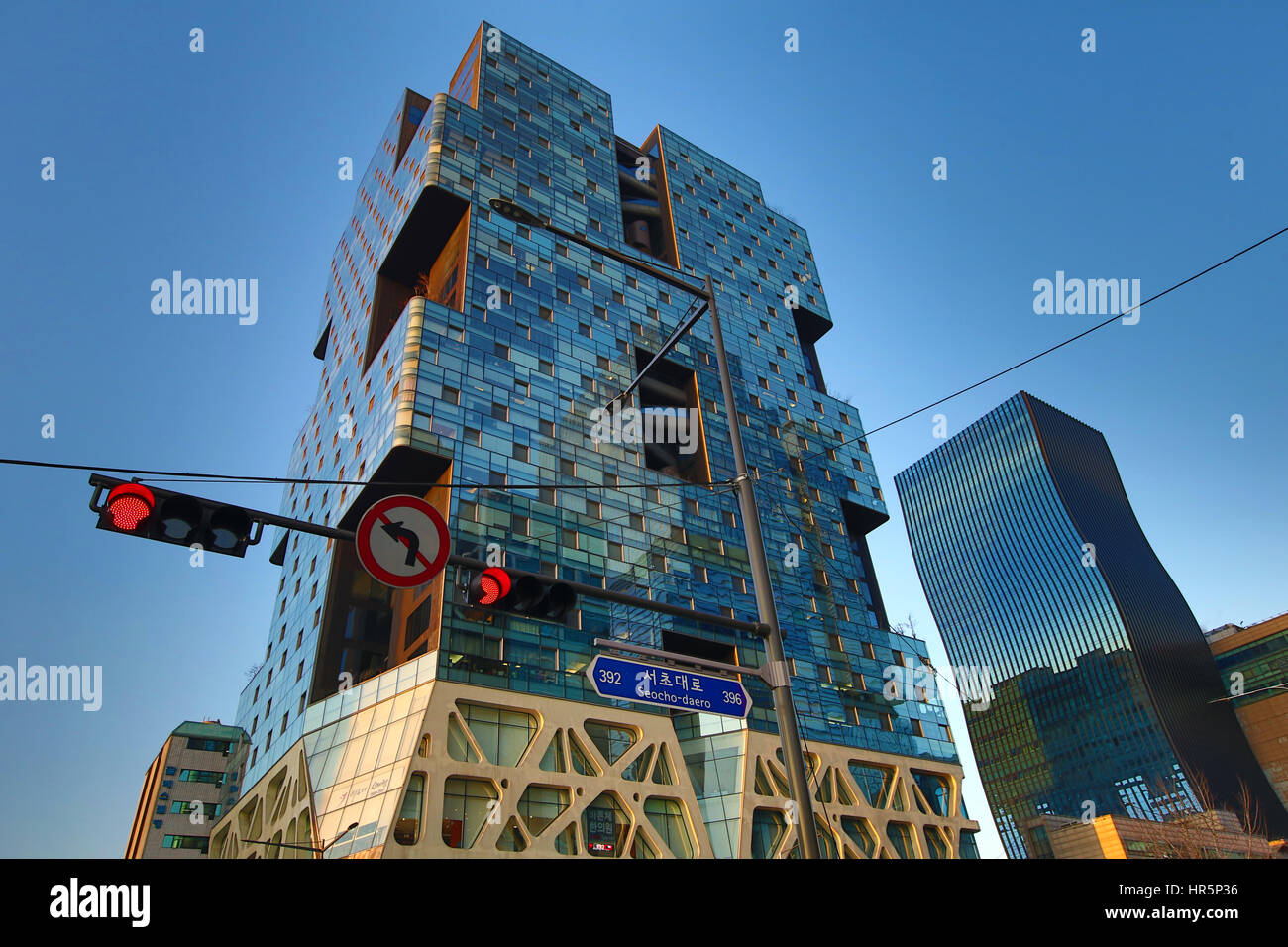 Tall modern buildings and office blocks at dusk in the Gangnam district ...
