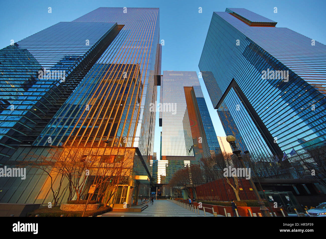 Tall modern buildings and office blocks at dusk in the Gangnam district ...