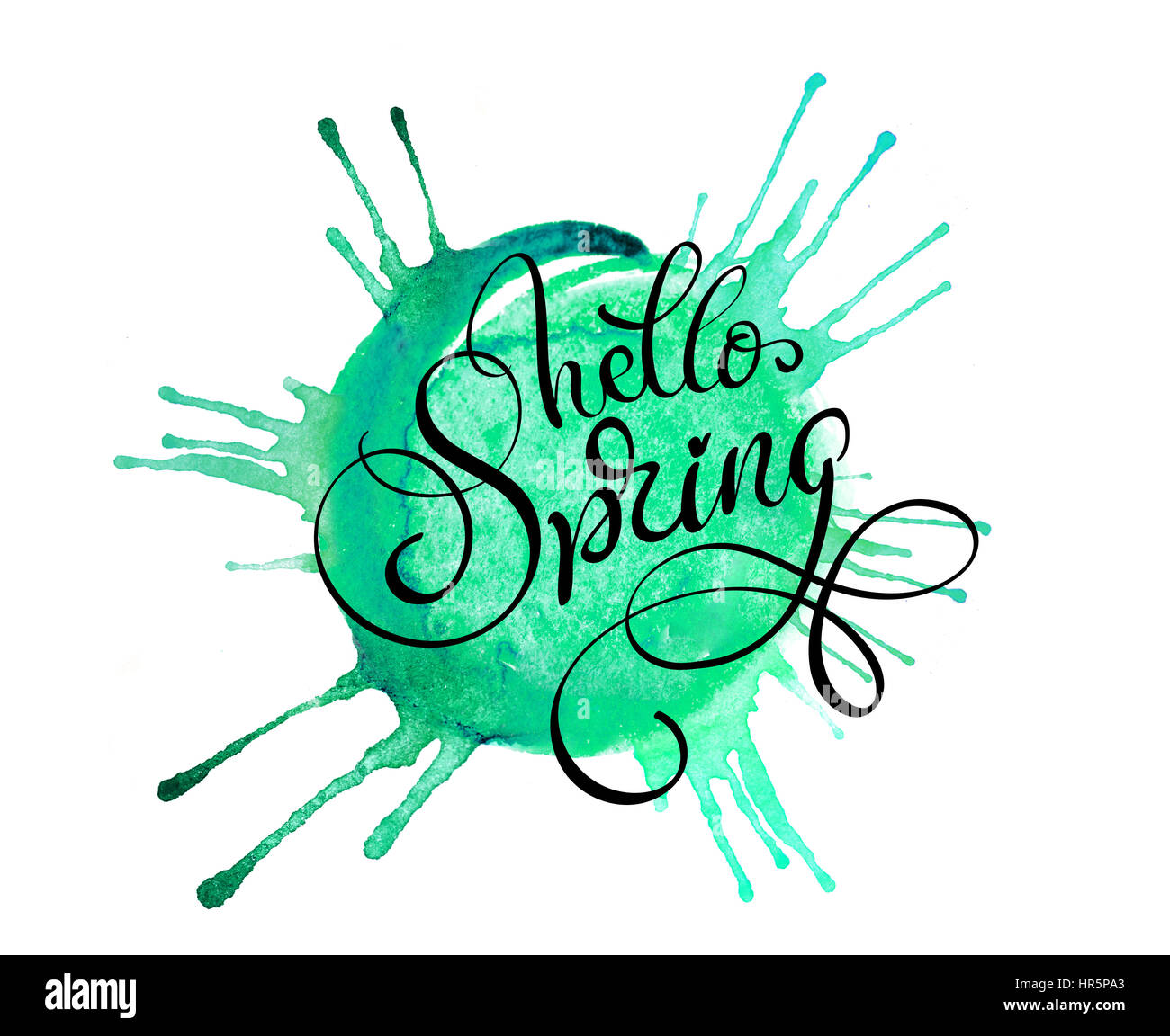 green blob on a white background and text Hello Spring. Calligraphy ...