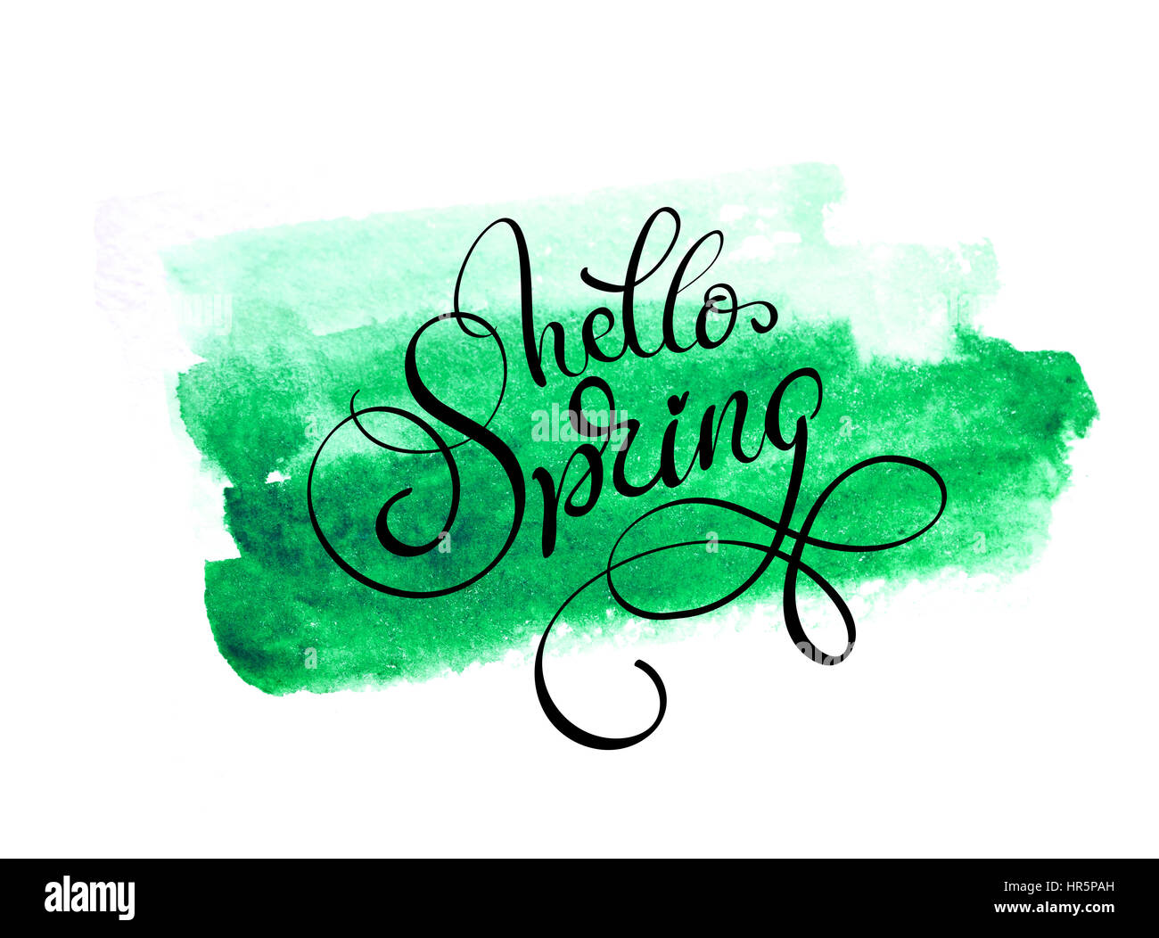 green blob on a white background and text Hello Spring. Calligraphy ...