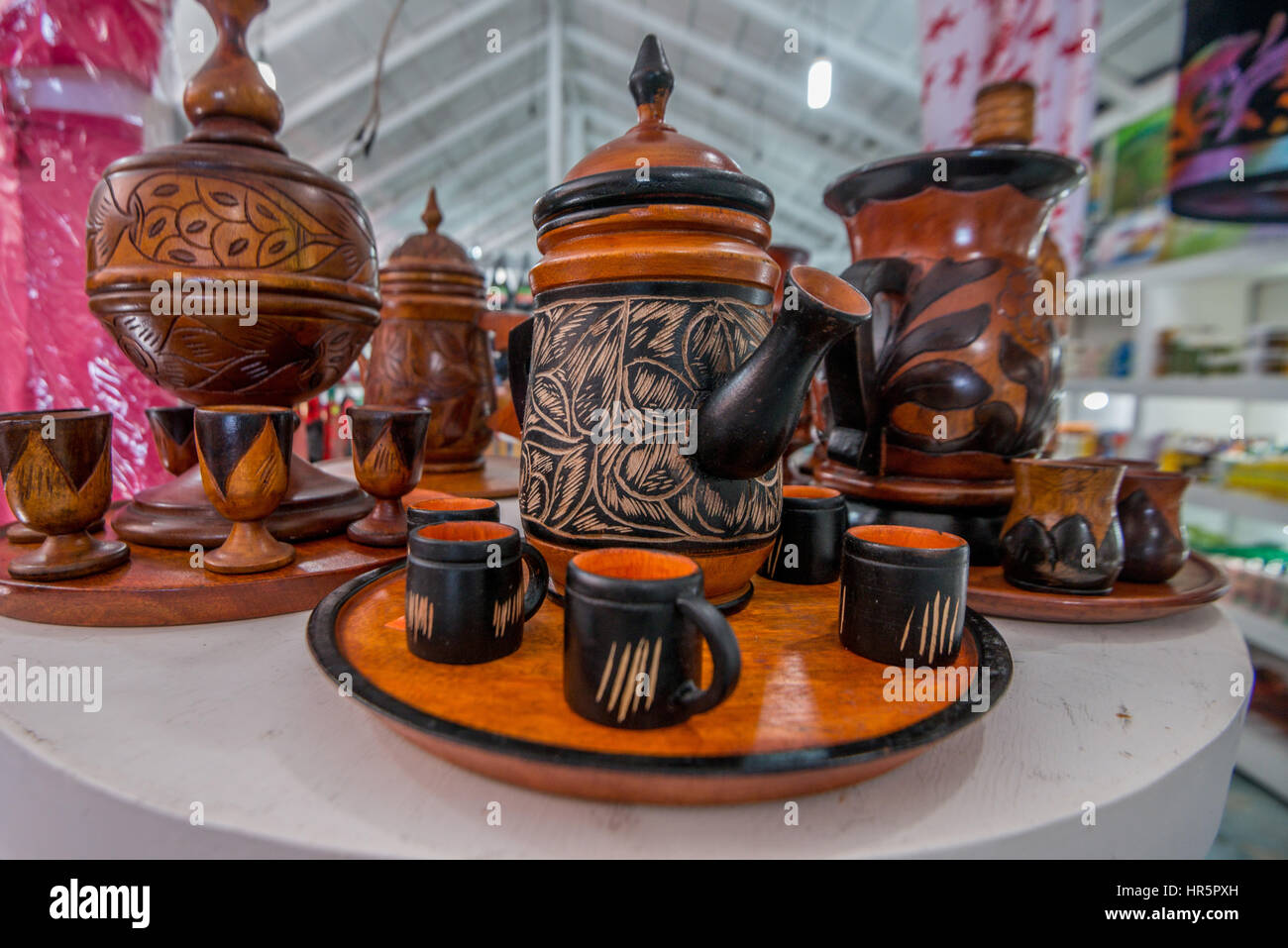 Collection of Dominican traditional wooden utensil in ethnic painting ...