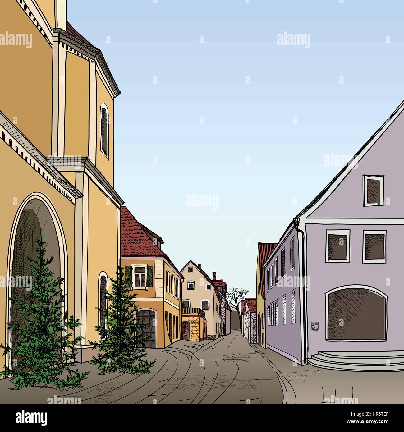 Street view in old city. Cityscape - houses, buildings and tree on ...