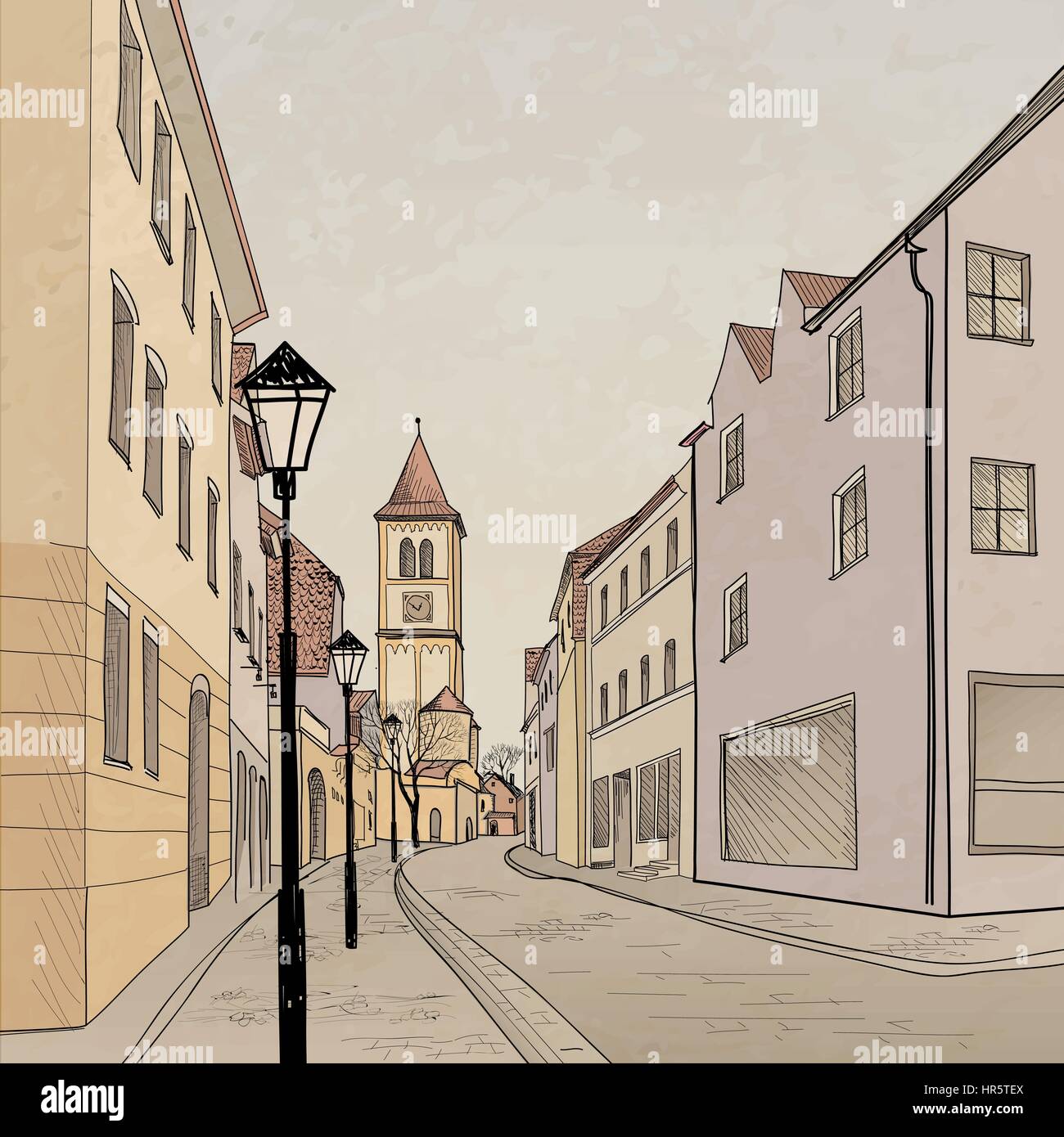 Old-fashioned travel background. Pedestrian street city. Hand drawn ...