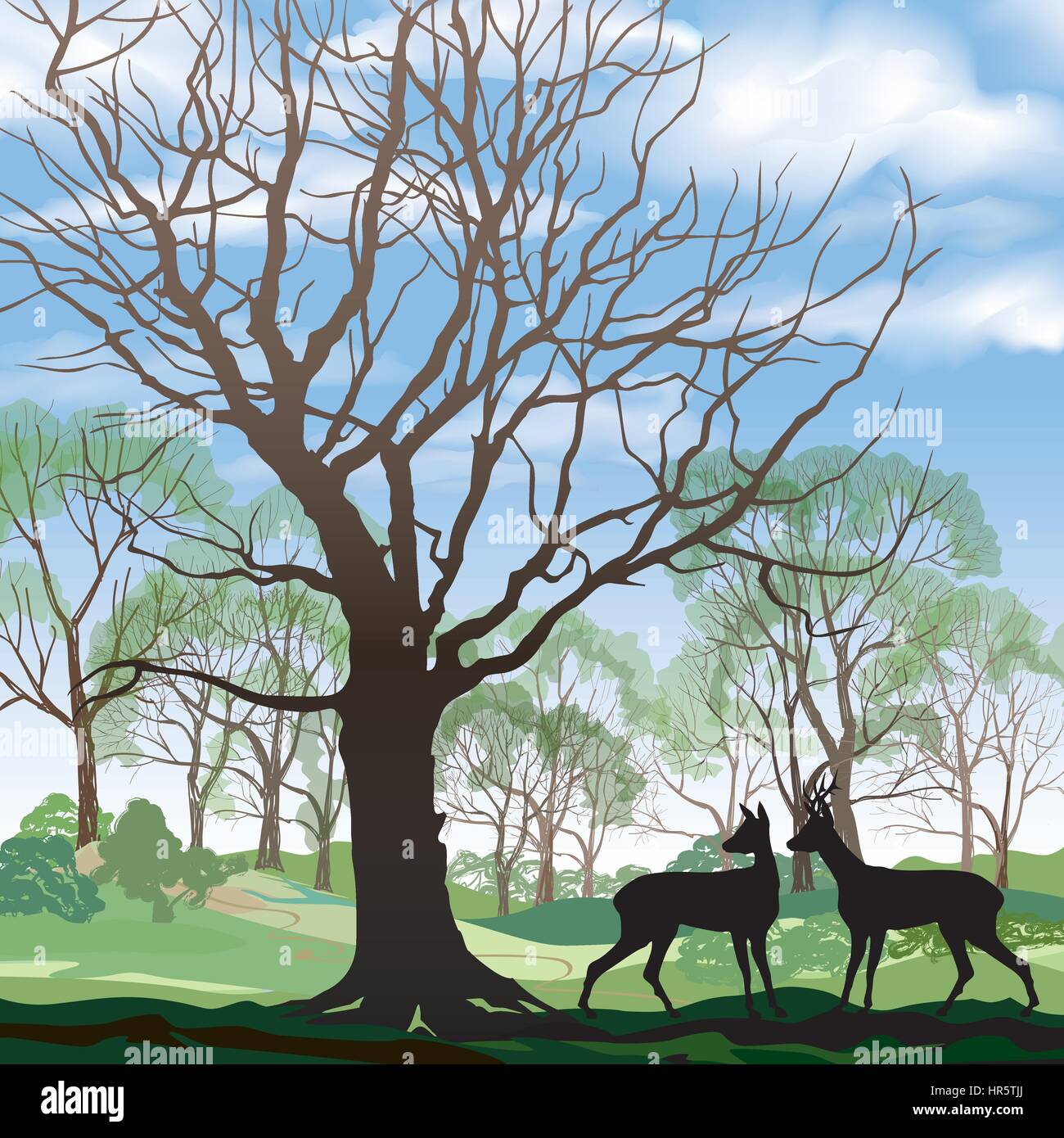 Spring landscape with two deers. Abstract vector illustration of spring ...