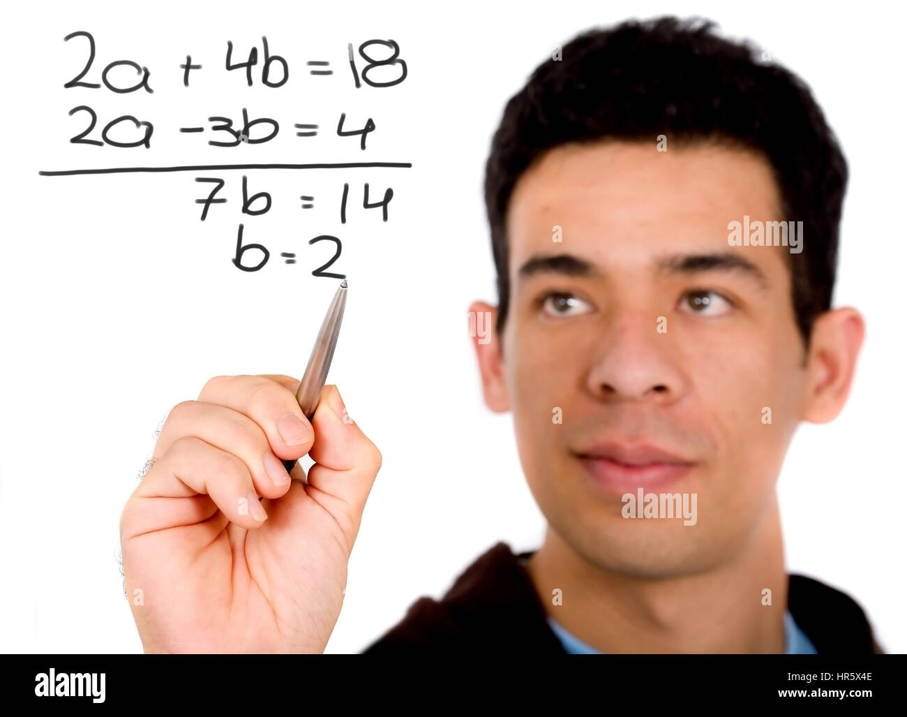 mathematics student solving a problem on the screen - isolated over a ...