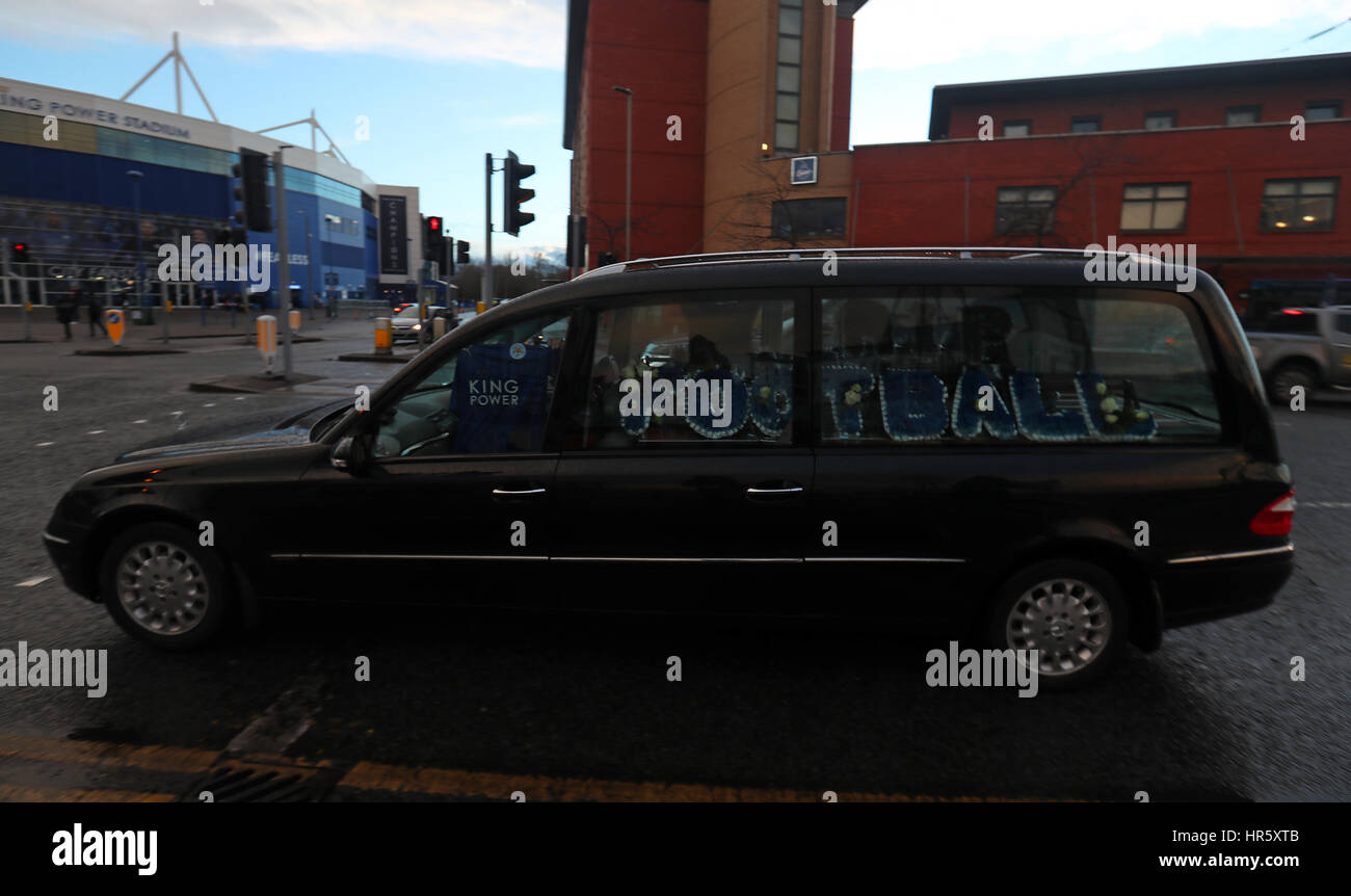 A hearse with 'RIP FOOTBALL' is driven by the King Power Stadium ...