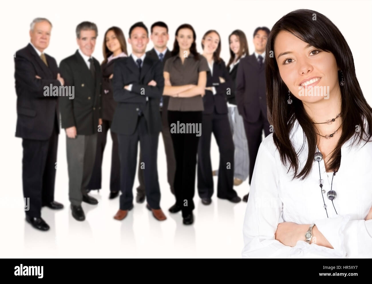 business team work - business girl leading over white Stock Photo - Alamy