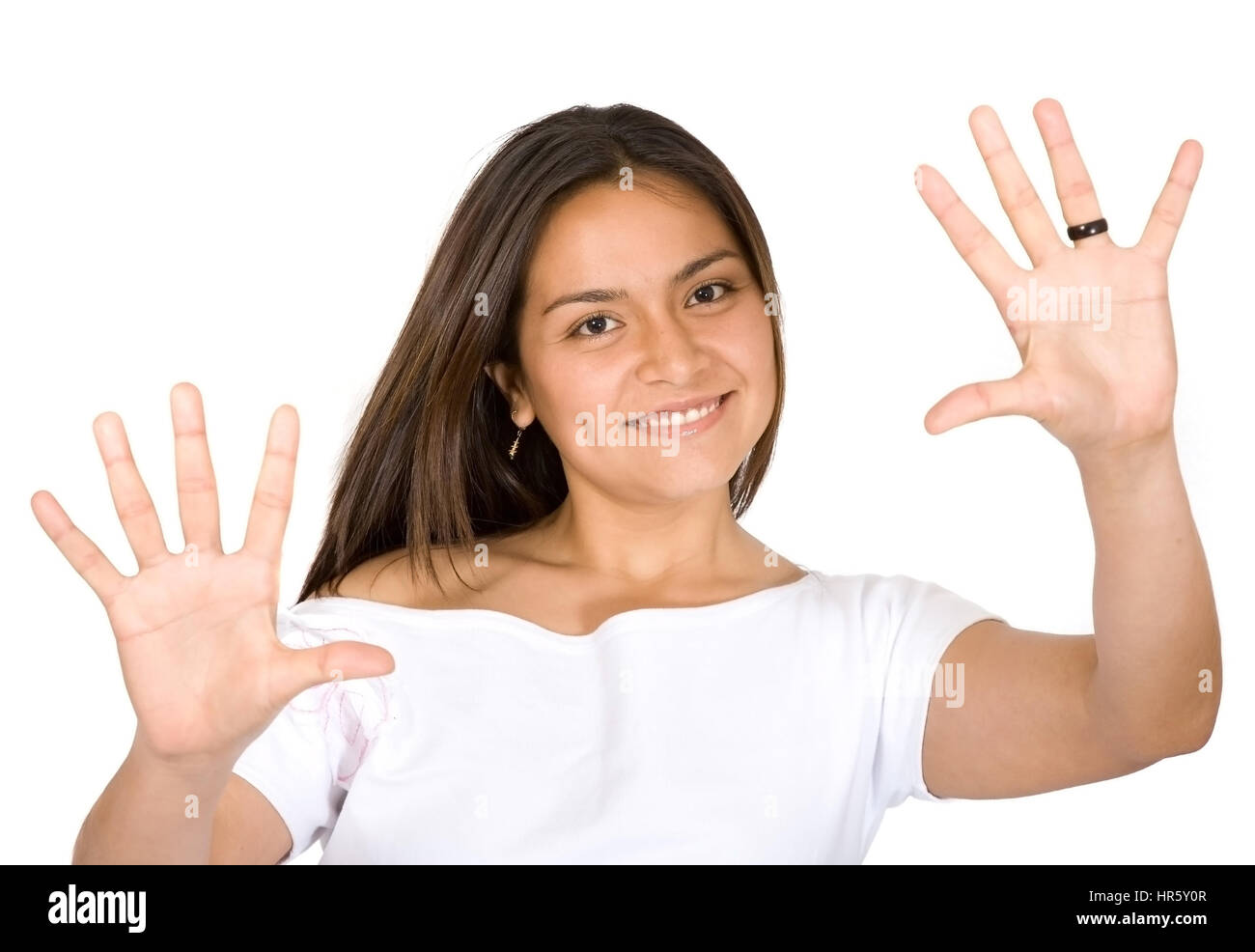 fun girl showing her hands over a white background Stock Photo - Alamy