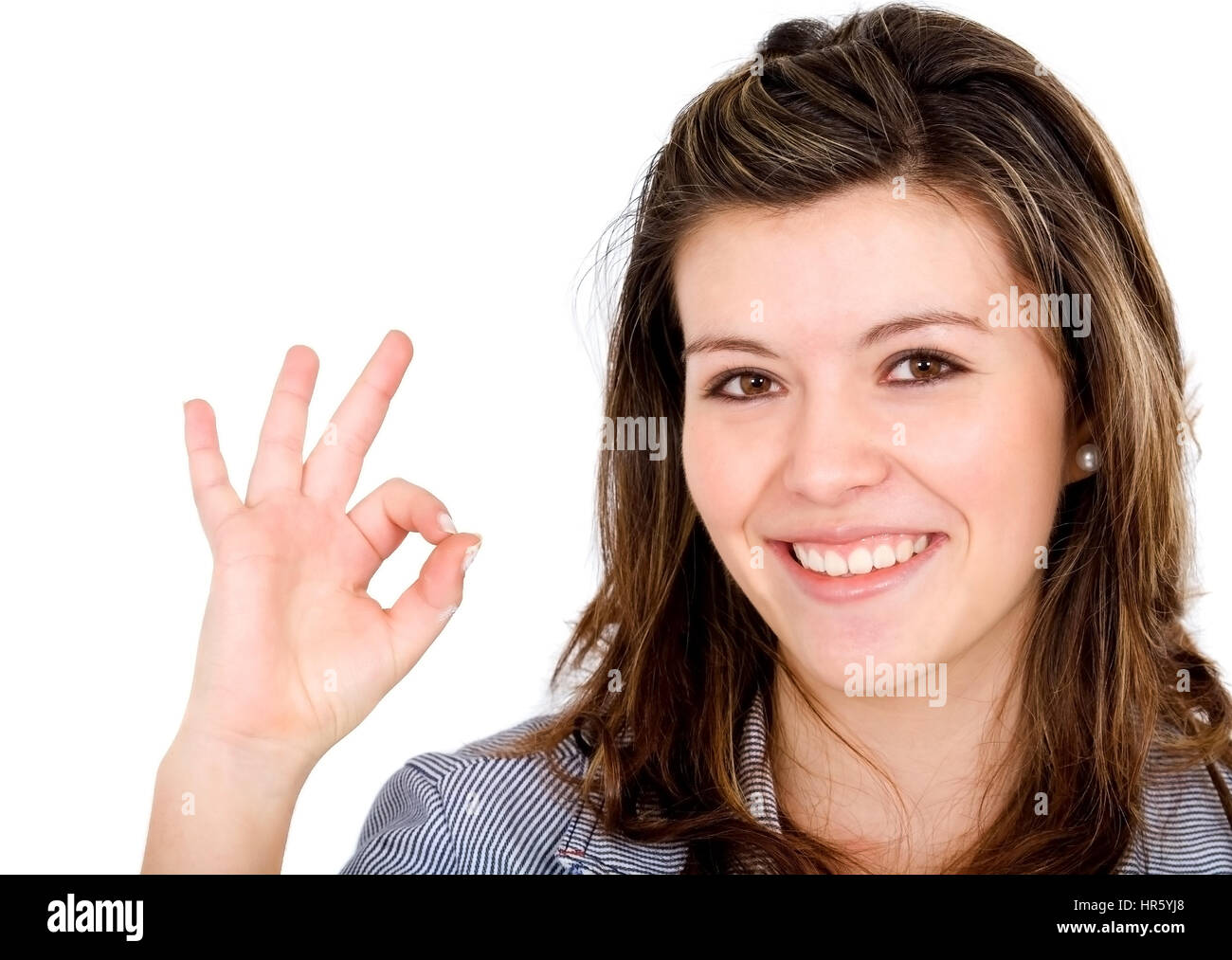 business woman smiling doing the okay sign over a white background ...