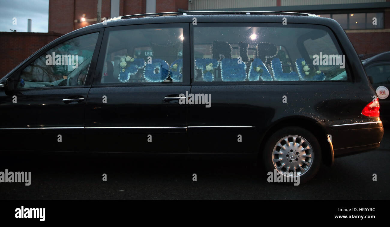 A hearse with 'RIP FOOTBALL' is driven by the King Power Stadium in ...