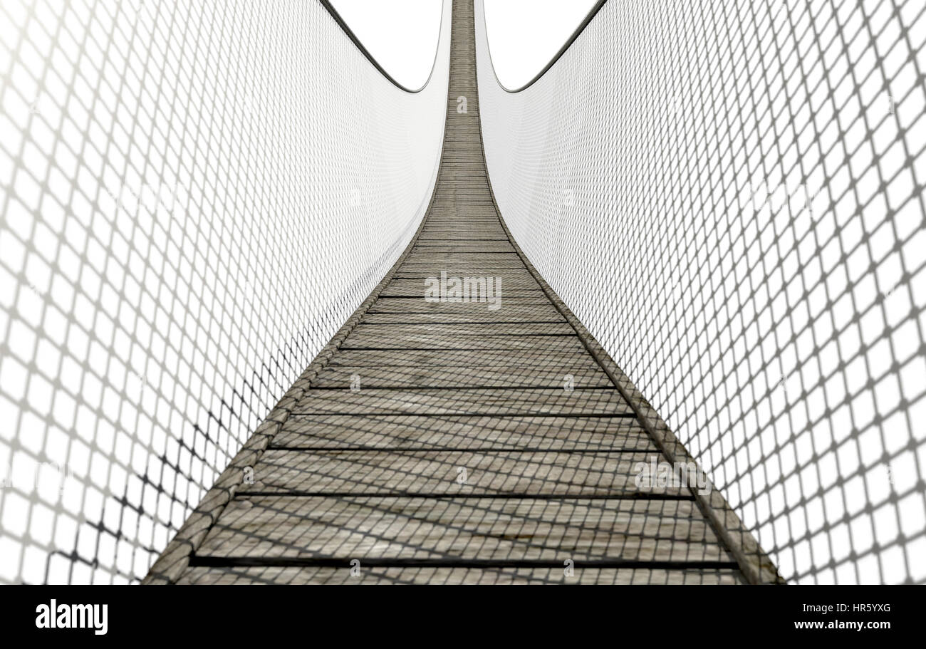 A curved rope bridge made of wooden planks with wire sides on an ...