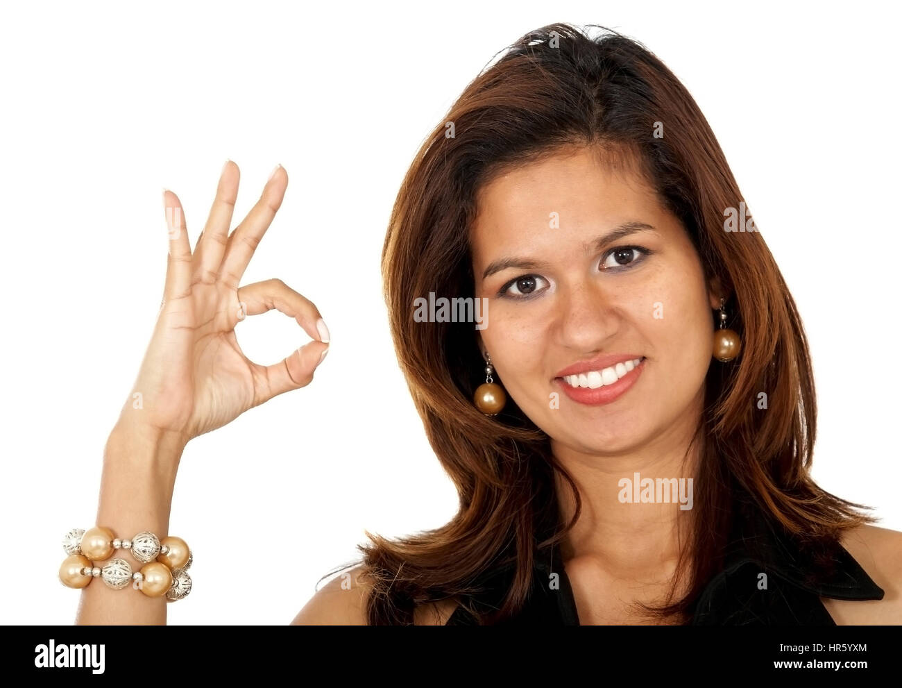 business woman doing the ok sign smiling - isolated over a white ...