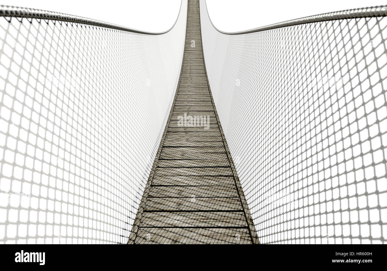 A curved rope bridge made of wooden planks with wire sides on an ...