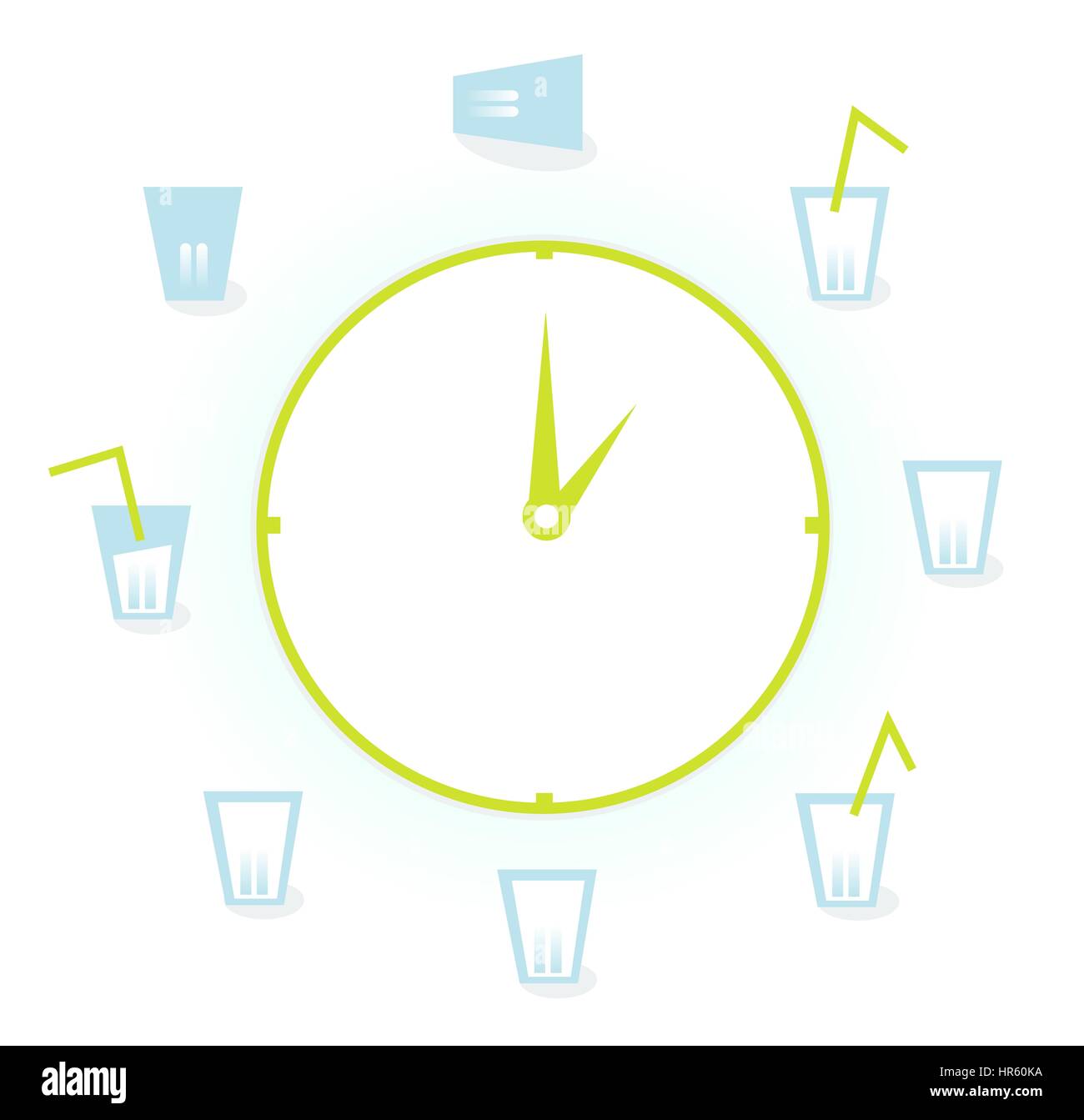10492827 - drink! illustration of a clock with 9 glasses of fresh water ...