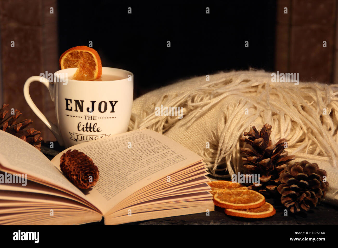 Reading a paperback book by a fireplace in a cosy hygge inspired ...