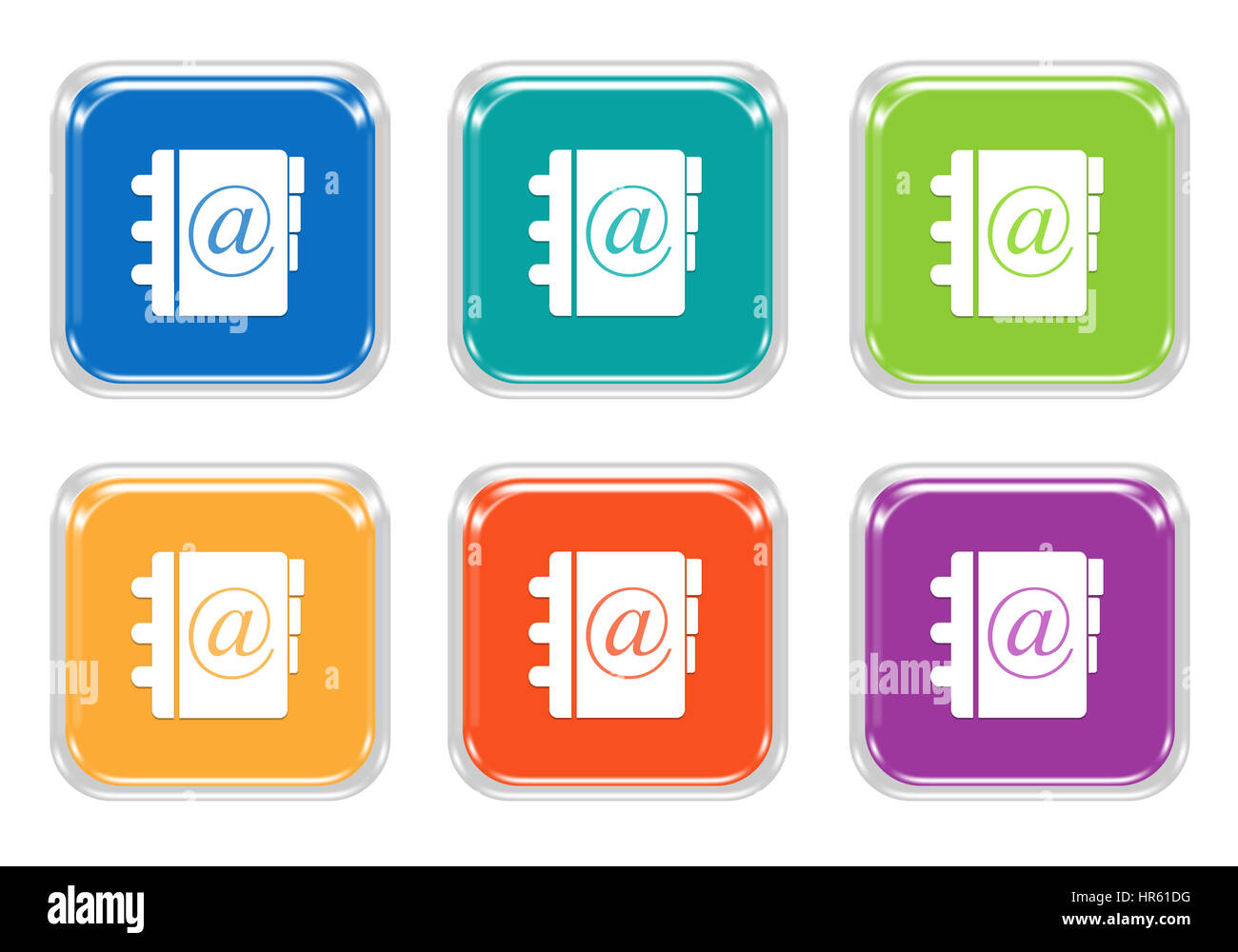 Set of squared colorful buttons with address book symbol in blue, green ...