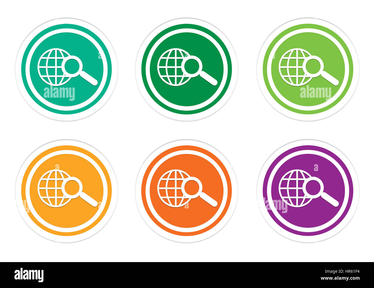 Colorful rounded icons with search symbol in green, yellow, orange and ...