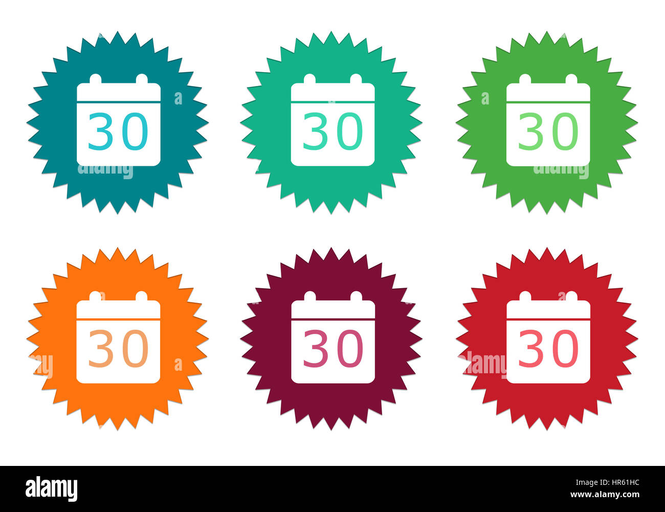 Set of colorful sticker icons with calendar symbol in blue, green, red ...