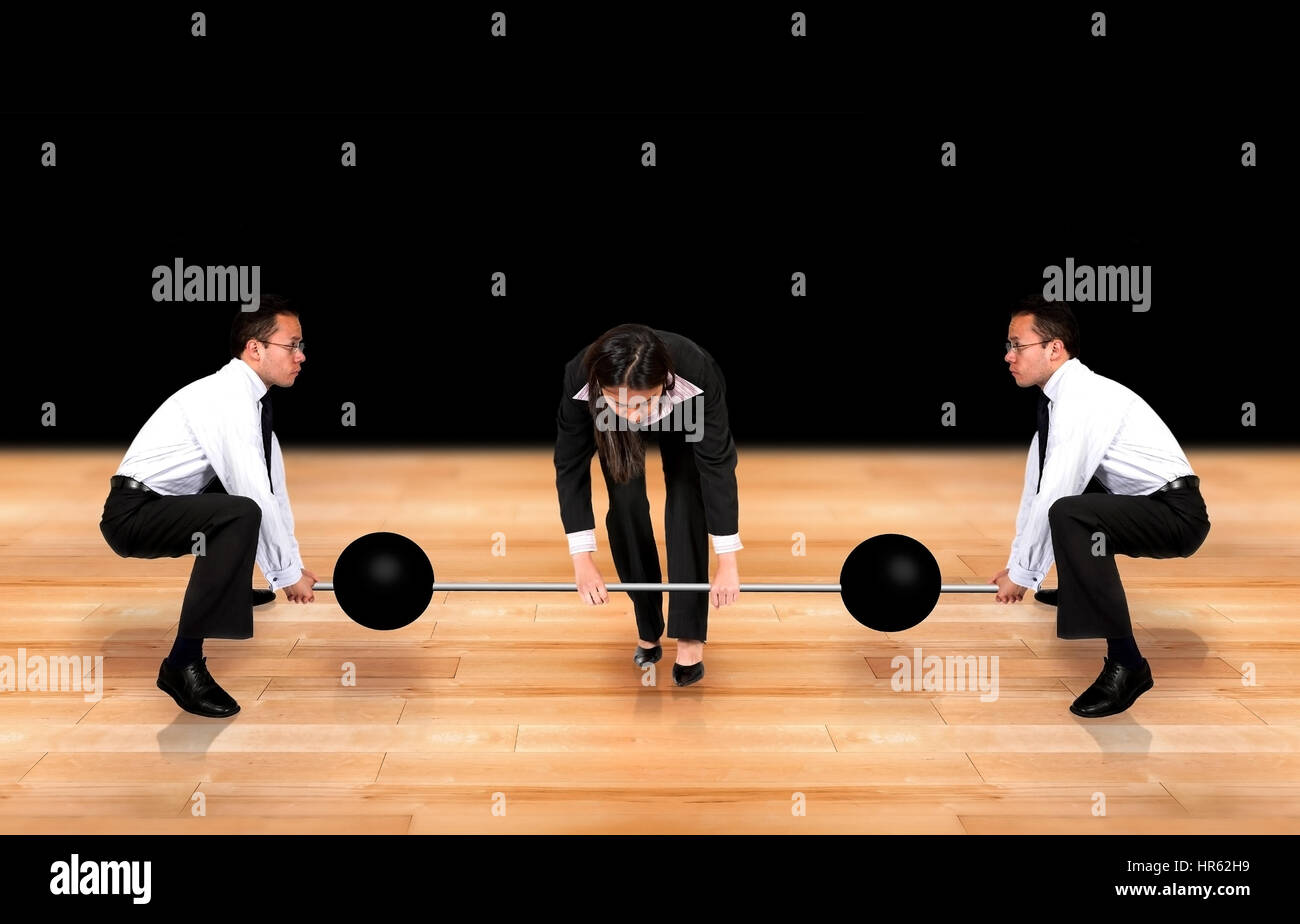 teamwork business power - two guys helping a female business woman ...