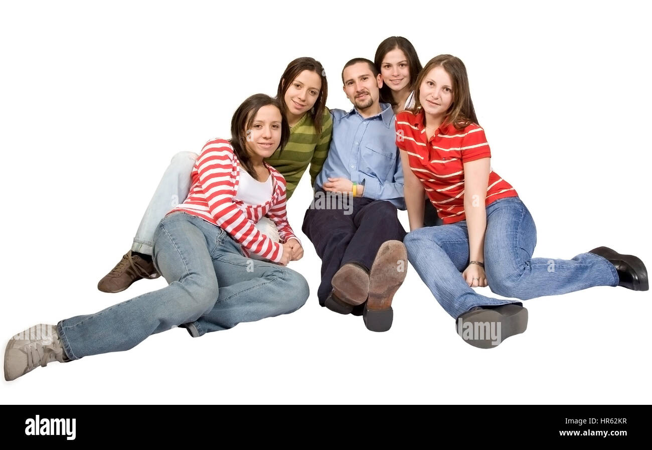 friends on the floor over a white background Stock Photo - Alamy